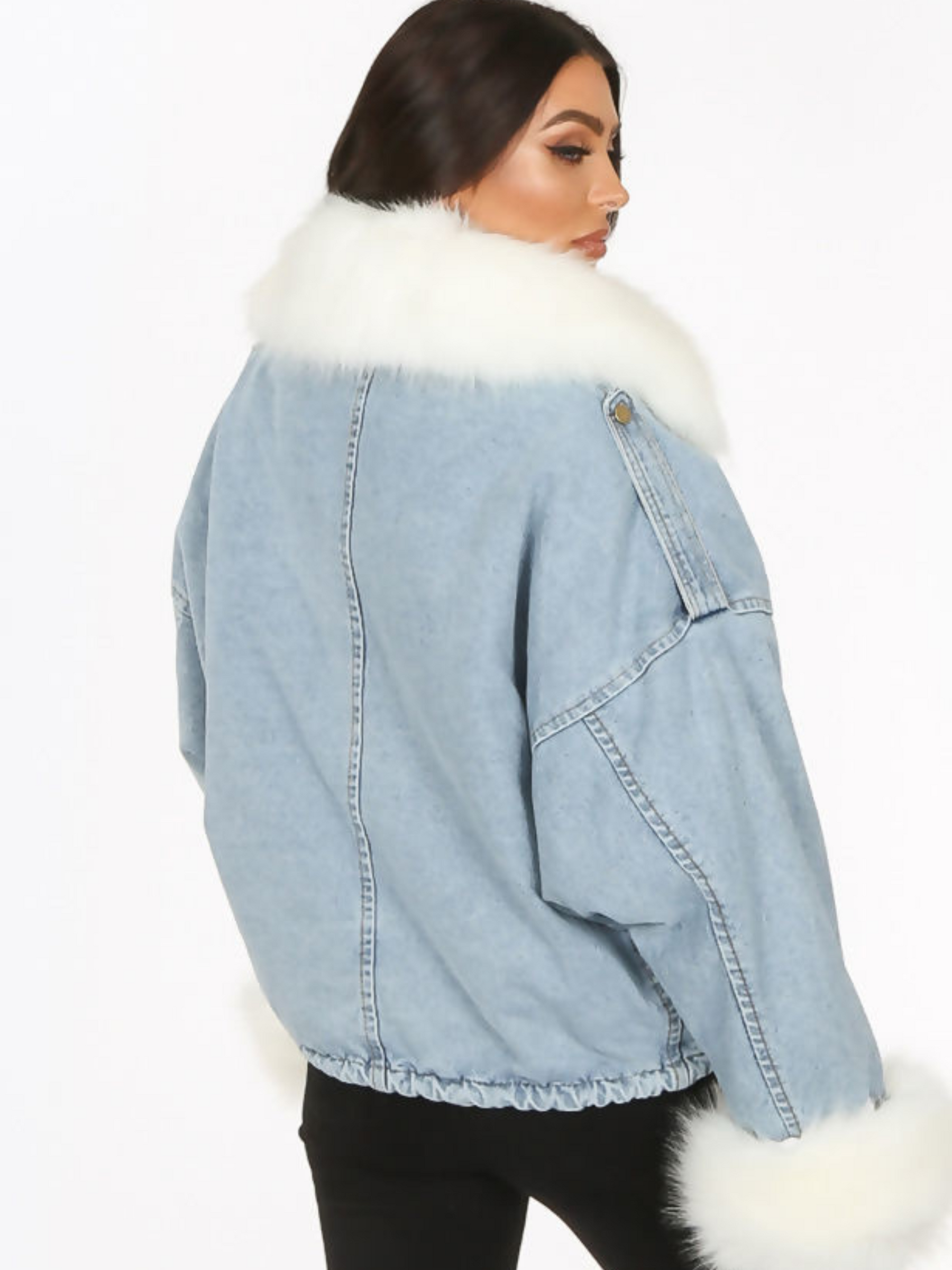 Denim Oversized Jacket With White Faux Fur Collar and White Faux Fur C ...