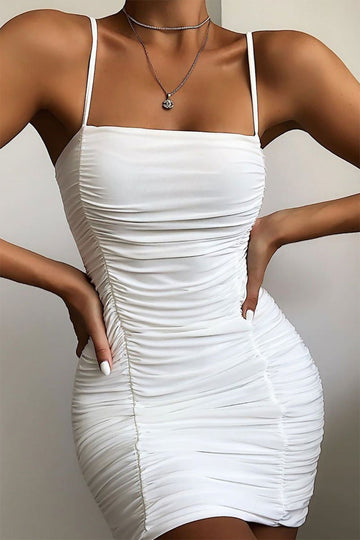 White Slinky Ruched Midi Dress – 4EVER STUNNING